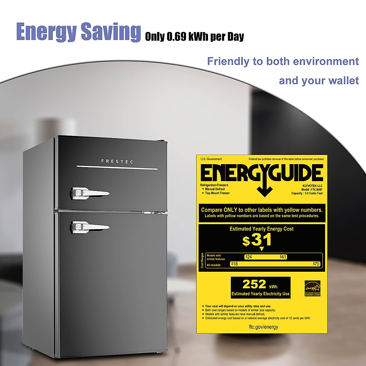 Frestec 3.2 Cu.Ft Mini Fridge with Frezzer,Small Refrigerators,2 Door Compact Refrigerator 37dB Quiet,7-Settings Mechanical Thermostat for Bedroom, Dorm, Office, Apartment (Black with Handle)