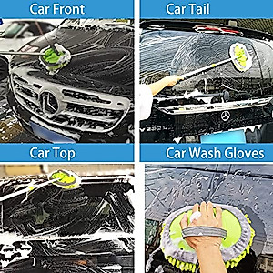 GIANT BEAR Car Wash Brush Mop Set with Long Handle, 42.9" Microfiber Chenille Mitt Not Hurt Paint Scratch Free Aluminum Alloy Cleaning Tool -4 in 1,Glass Window Scrabber Detail Wheel Brush