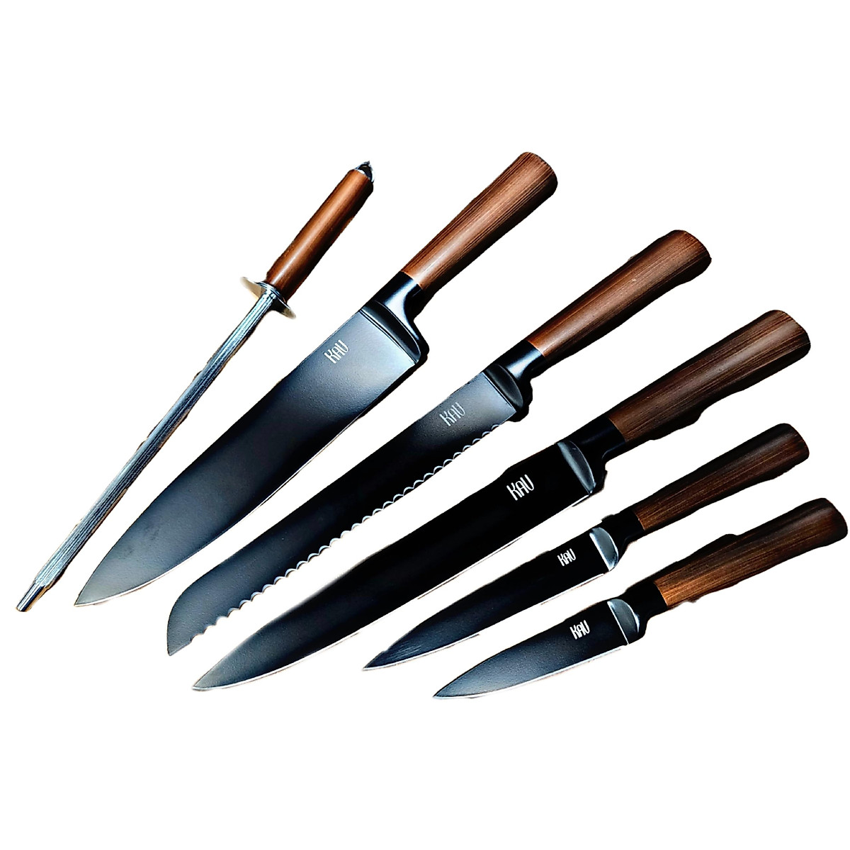 Knife Set with Block, KAV 7pc Kitchen Knives and Sharpening Rod, Stainless Steel Knife Set in High Carbon Matte Black, Chef's Slicing Bread Utility Knifes, Modern Wooden Block Open Face