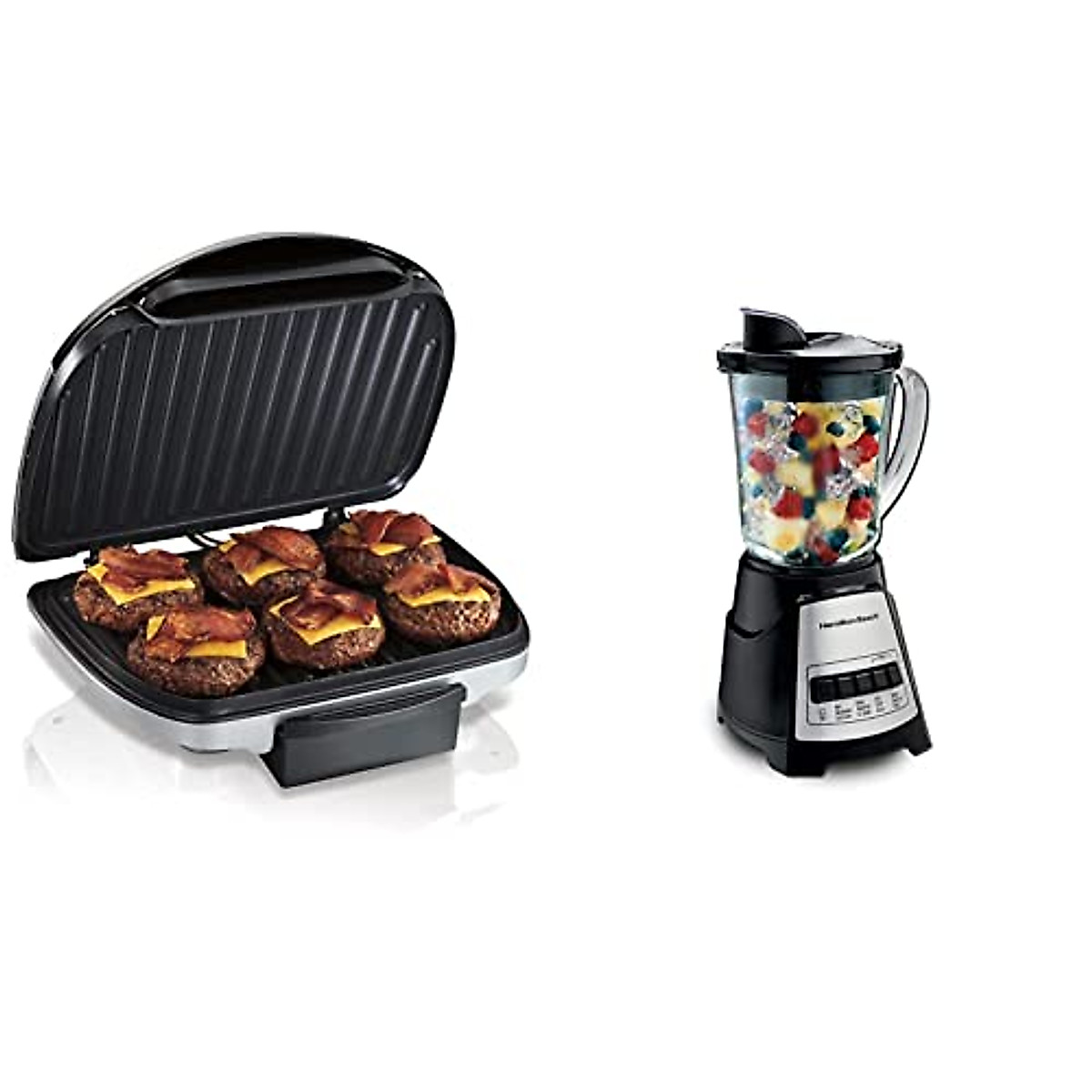 Hamilton Beach Electric Indoor Grill, 6-Serving, Silver & 58148A Blender to Puree - Crush Ice - and Make Shakes and Smoothies - 40 Oz Glass Jar - 12 Functions - Black and Stainless