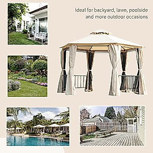 Outsunny 13' x 13' Patio Gazebo, Double Roof Hexagon Outdoor Gazebo Canopy Shelterwith Netting & Curtains, Solid Steel Frame for Garden, Lawn, Backyard and Deck, Beige