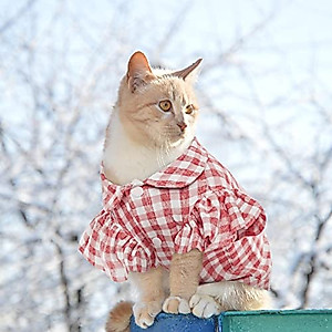Yagamii Cotton Cat Clothes White and Red Plaid Cat Shirt with Cute Sleeves Dog Pet Apparel Kitten T-Shirt Breathable Pet Clothes Outfit Cat Costume for Kitty Small Dogs Puppy