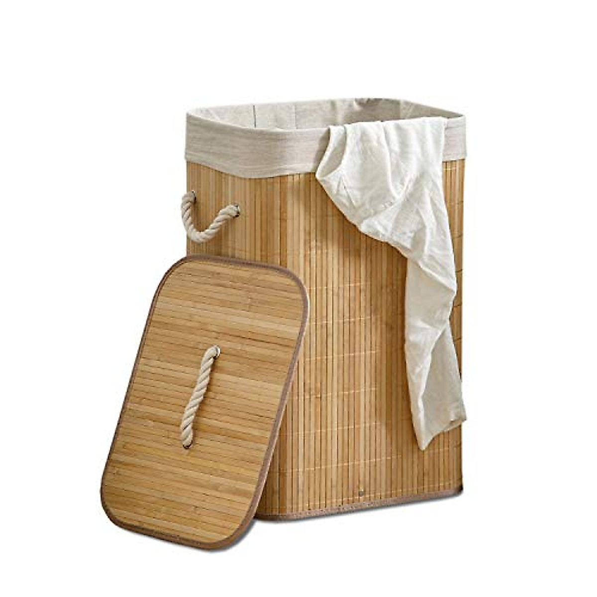 YMLHOME Bamboo Laundry Hamper with Lid & Removable Liner & Rope Handles Dirty Clothes Storage Basket Organizer for Bedroom Living Room Laundry Room (15.4"L x 11.4"W x 22.8"H)