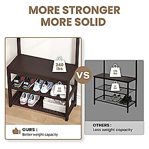 SEIRIONE Bamboo Coat Rack Shoe Bench, 5 in 1 Design Freestanding Hall Tree for Entryway Storage Organizer, 10 Hanger Hooks, 1 Upper Shelf, Easy Assembly,Dark Brown