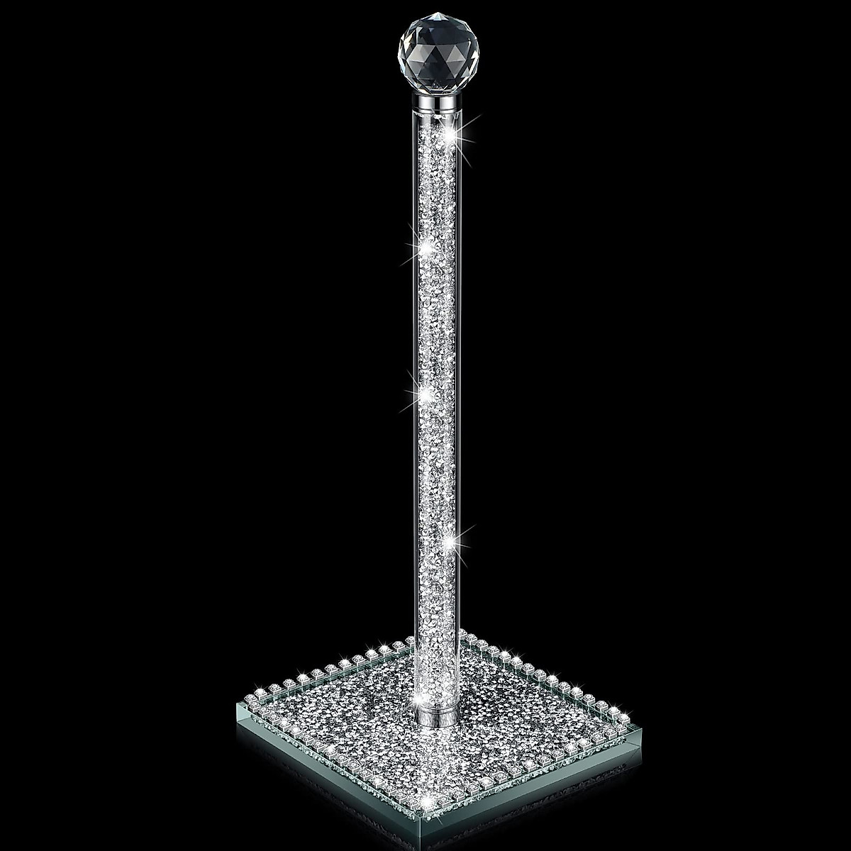 Silver Paper Towel Roll Holder, 13 Inch Square Base Standing Paper Towel Stand with Sparkly Crystal Crushed Diamonds Decor for Kitchen Table or Bathroom
