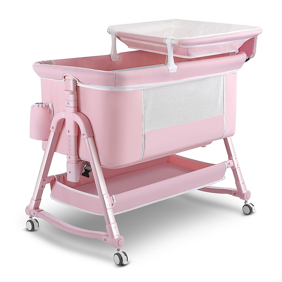 Uuoeebb 4 in 1 Bedside Bassinet for Baby, Portable Baby Bassinet with Wheels, Baby Crib with Changing Station, Mattress Included and Storage, Foldable Travel Bassinet for Baby/Infant/Newborn-Pink