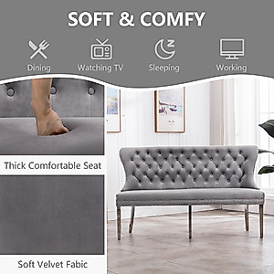 LOULENS 65'' Upholstered Velvet Settee Bench 3 Seater, Modern Tufted Banquette Bench with Back, Accent Loveseat Sofa with Stainless Steel Leg for Dining, Living Room (Gery)