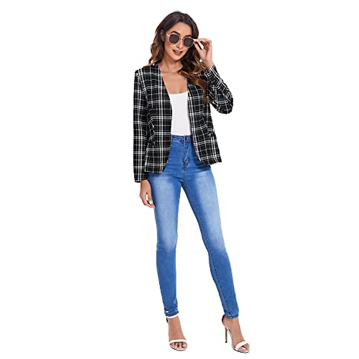 Milumia Women Elegant Open Front Plaid Blazer Work Office Jacket Outwear Z Black and White Medium