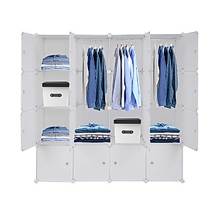 Maximize Home Organization with Stackable Modular Shelving Closet Organizer Plastic Storage Cubes with Hanging Rod and Wardrobe Cabinet - White Doors