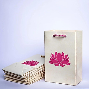 Desi Favors Lotus Gift Bags - Lotus Printed Paper Gift Bags for Christmas Weddings Birthdays Pooja/Puja Return Gifts Shagun Gift Bags - 7.4x4.7x3.14 Inch (Pack of 8)