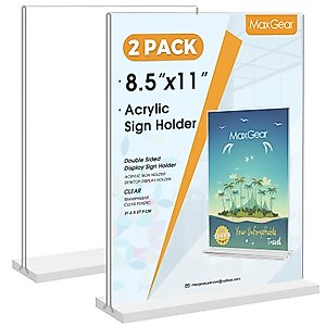 MaxGear Acrylic Sign Holder 8.5x11 Inches 2 Pack, Double Sided Clear Display Stand Table Top Paper Holder, Vertical Menu Flyer Stand, Plastic Frame for Stores, Restaurants, Hotels, Office