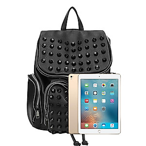 Downupdown ​Studded Backpacks for Women and Men Leather Flap Rivet Backpack knapsack Ladies Casual Daypack Shoulder Bag Cool Zipper Backpack with Top Handle Bucket Bag-Black