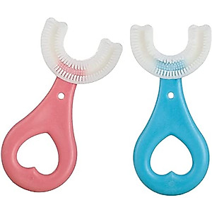 Fulangpa 2 Packs U-Shaped Kids Toothbrush, Soft Manual Training Toothbrush for Kids 2-12 Years ， Tooth Brush Food Grade Soft Silicone Brush Head 360° Oral Teeth Cleaning Design for (Pink +Blue)