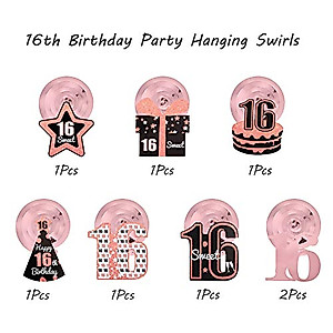 Excelloon 16th Birthday Decorations, 8Pcs 16 Foil Hanging Swirls, Sweet 16 Birthday Hat Cake Present Star Decorations, Happy 16th Birthday Party Supplies (Rose Gold)