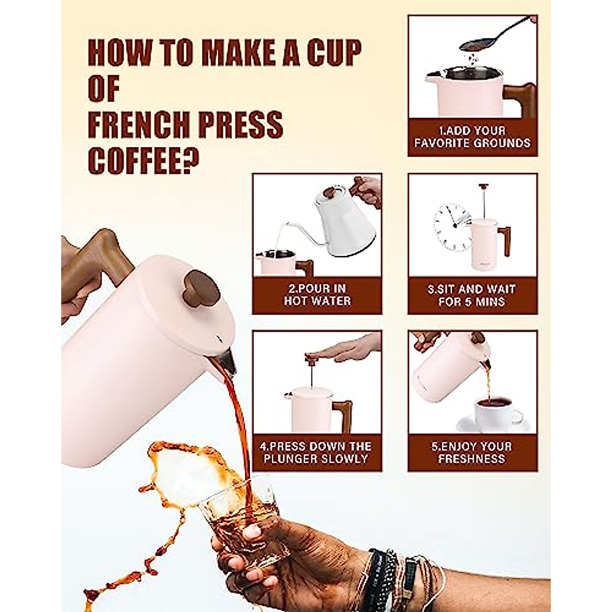 POLIVIAR French Press Coffee Maker, 34 Ounce Coffee Press with Real Wood Handle, Double Wall Insulation & Dual- Filter Screen, Food Grade Stainless Steel for Good Coffee and Tea JX2020-FPP