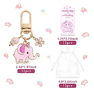 BUYWUMORE 12 Sets Baby Shower Pink Elephant Keychains It's a Girl Return Favor for Guests with Flower Sweets White Organza Bags and Thank You Tags Elephant Theme Party for Kids Party Supplies (Girl)