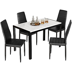 AWQM Marble Dining Table Set for 4, Rectangular Faux Marble Table and 4 PU Leather Chairs, 5 Pieces Kitchen Table Set,Ideal for Living Room, Dining Room,Breakfast Nook, White&Black