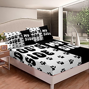Cute Dog Paws Print Kids Sheet King Size,Dog Side My Side Bedding Set,Boys Girls Room Decor,Kawaii Puppy Animal Pet Rustic Black White Bed Sheet Set 4pcs(Fitted + Flat + 2 Pillowcases)