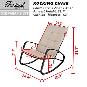 Festival Depot Patio Upholstered Rocking Chair Lounge Chairs Living Room Sofa Glider Rocker Chair w/Metal Frame Removable Cushion High Back Widened Seat Best Comfy Modern Portable