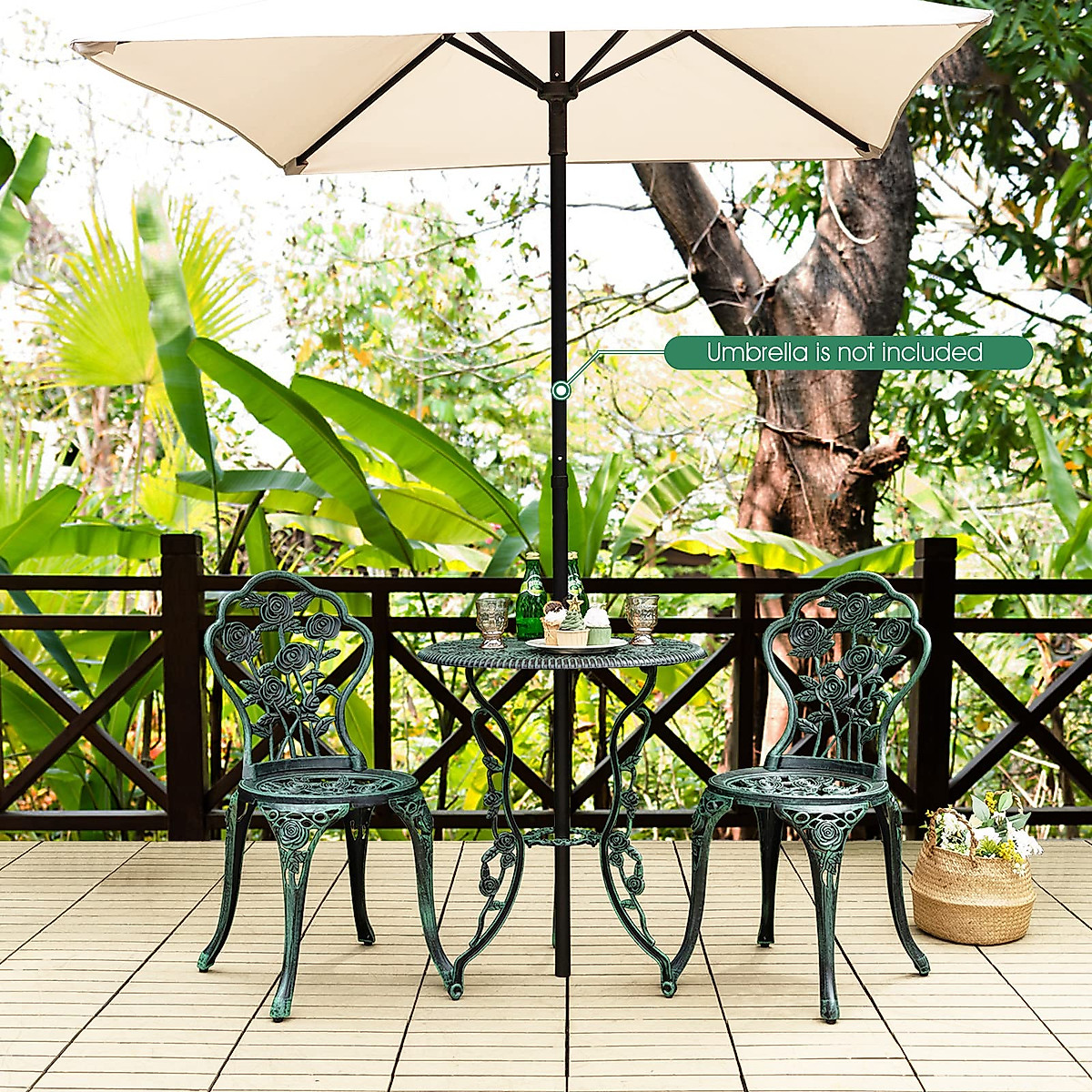 HAPPYGRILL 3-Piece Outdoor Bistro Set Rust-Resistant Cast Aluminum Table and Chairs with Elegant Rose Pattern, Outdoor Furniture Set with 1.9” Umbrella Hole for Balcony Backyard Garden Deck