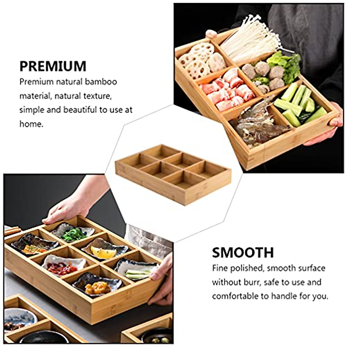 Cabilock Divided Bamboo Tray with 6 Dining Grids Food Serving Plate Fruit Box Dish Vegetable Containers Dessert Storage Bin Organizing for Home Restaurant Hotel