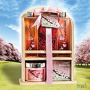 Home Spa Gift Basket - Deluxe Cherry Blossom Fragrance - Luxury Bath & Body Set For Women - Contains Shower Gel, Bubble Bath, Bath Salts, Body Lotion, Bath Puff, Pink Bath Rose Soaps in Wooden Curio