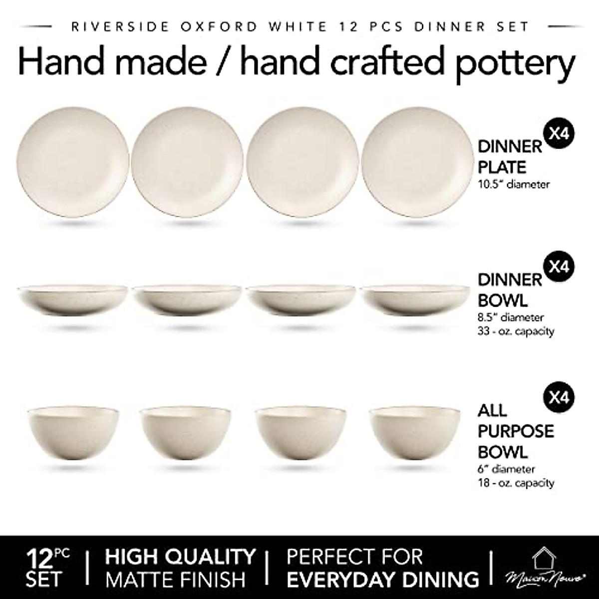Riverside Collection by Maison Neuve 12-Piece Dinnerware Set Service for 4 - Hand Crafted Bowls and Plates Set, Stoneware Dinnerware Set, Microwave & Dishwasher Safe Plate Set - Oxford White
