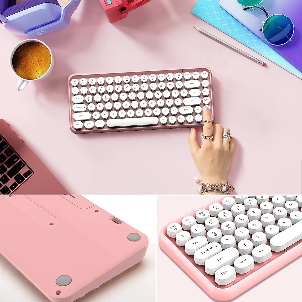 FELICON Wireless Bluetooth Keyboard, Mini Portable 84-Key Typewriter Retro Round Keycaps Keyboard,Compatible with Android, Windows, PC, Tablet-Dark, Perfer for Home and Office Keyboards(Pink)