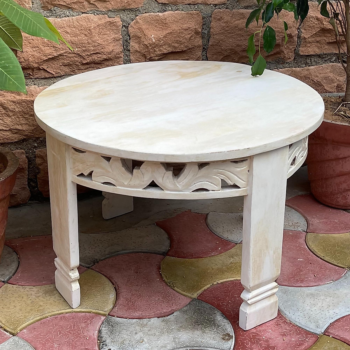 Wooden Carved Chakki Table, Handicraft Round Coffee Table/Cake Cutting Table/Side Table/Nightstand Table/Lamp Table/Bedside Table