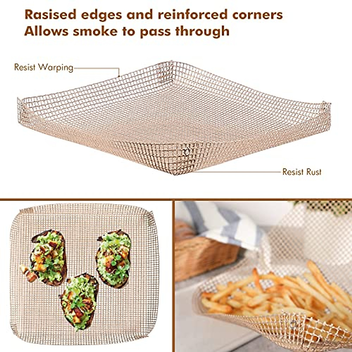 Kamehame Grill Mesh Basket, Pack of 4 Non-Stick Meat Vegetable Grill Tray for Grilling and Baking, Oven Crisper Basket for Crisp up Pizza, Fries, Chips