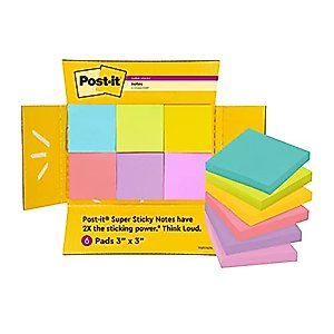 Post-it Super Sticky Notes, 3x3 in, 6 Pads/Pack, 90 Sheets/Pad, Amazon Exclusive Bright Color Collection, Aqua Splash, Acid Lime, Tropical Pink, Sunnyside, Guava and Iris Infusion