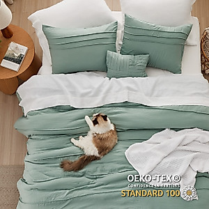 Bedsure Queen Comforter Set - 4 Pieces Pinch Pleat Bed Set, Sage Green Boho Bedding for All Season, 1 Soft Comforter, 2 Pillowcases, 1 Decorative Pillow