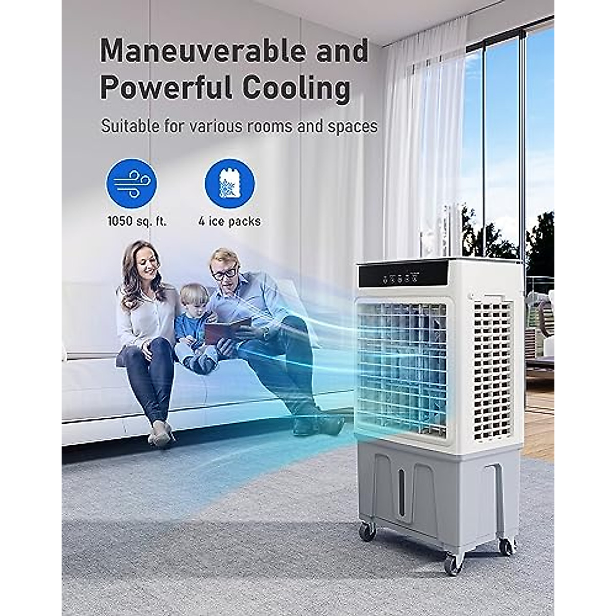 35’’ Portable Air Conditioner 3-IN-1 Evaporative Cooler, 30Ft Remote, 3 Speeds, 2800 CFM, 100 Degree Swing, 1050 sq. ft. coverage, 24H Timer, 6.8 Gallon Tank, 4 Ice Packs for Garage Patio Outdoor