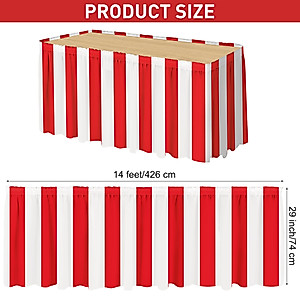 durony 1 Pack Red and White Striped Table Skirt Circus Theme Party Supplies Carnival Table Skirt for Carnival Home Party Decoration, 165 x 30 Inches
