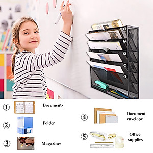 5+1 Tier Magnetic File Holder for File Cabinets, Black Magnetic Folder Holder Magnetic Mail Holder Paper Holder for Blackboard Whiteboard, 12.6 x 4 x 15.9 Inch