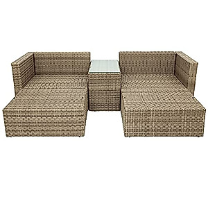 SAWQF Outdoor Patio Furniture 5-Pcs Set Wicker Rattan Sectional Sofa Set 2 Corner Chair+1 Tea Table+2 Ottoman Brown&Gray