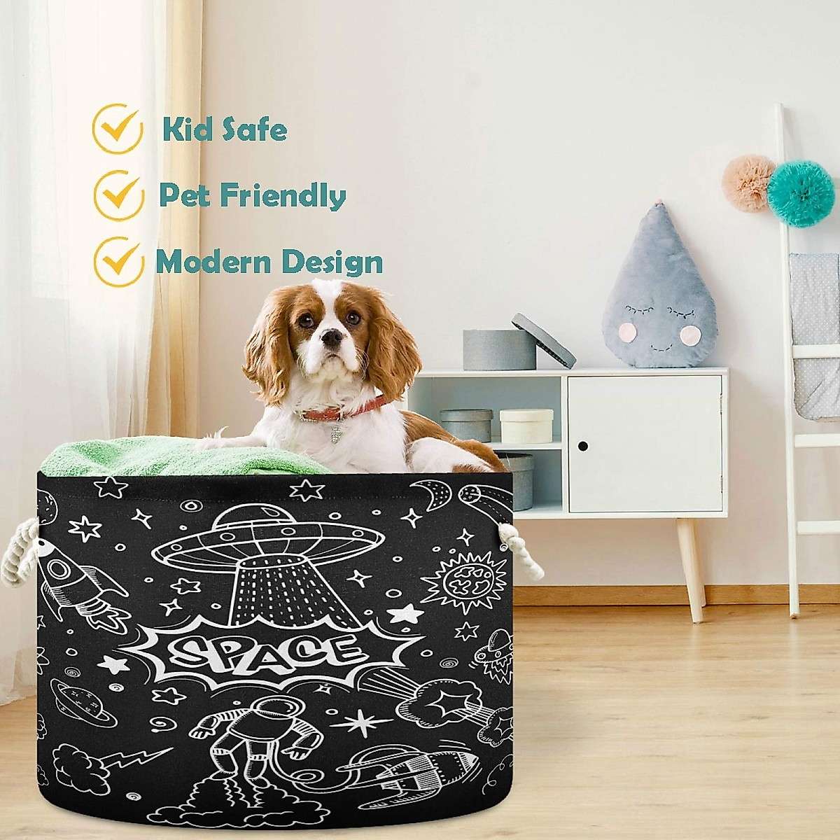 visesunny Collapsible Large Capacity Basket Astronaut Space Planet Star Clothes Toy Storage Hamper with Durable Cotton Handles Home Organizer Solution for Bathroom, Bedroom, Nursery, Laundry,Closet