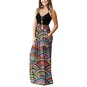 Women's Summer Casual Sexy Sleeveless Backless Printed Halter Maxi Long Dress with Pockets(Multicolor, L)