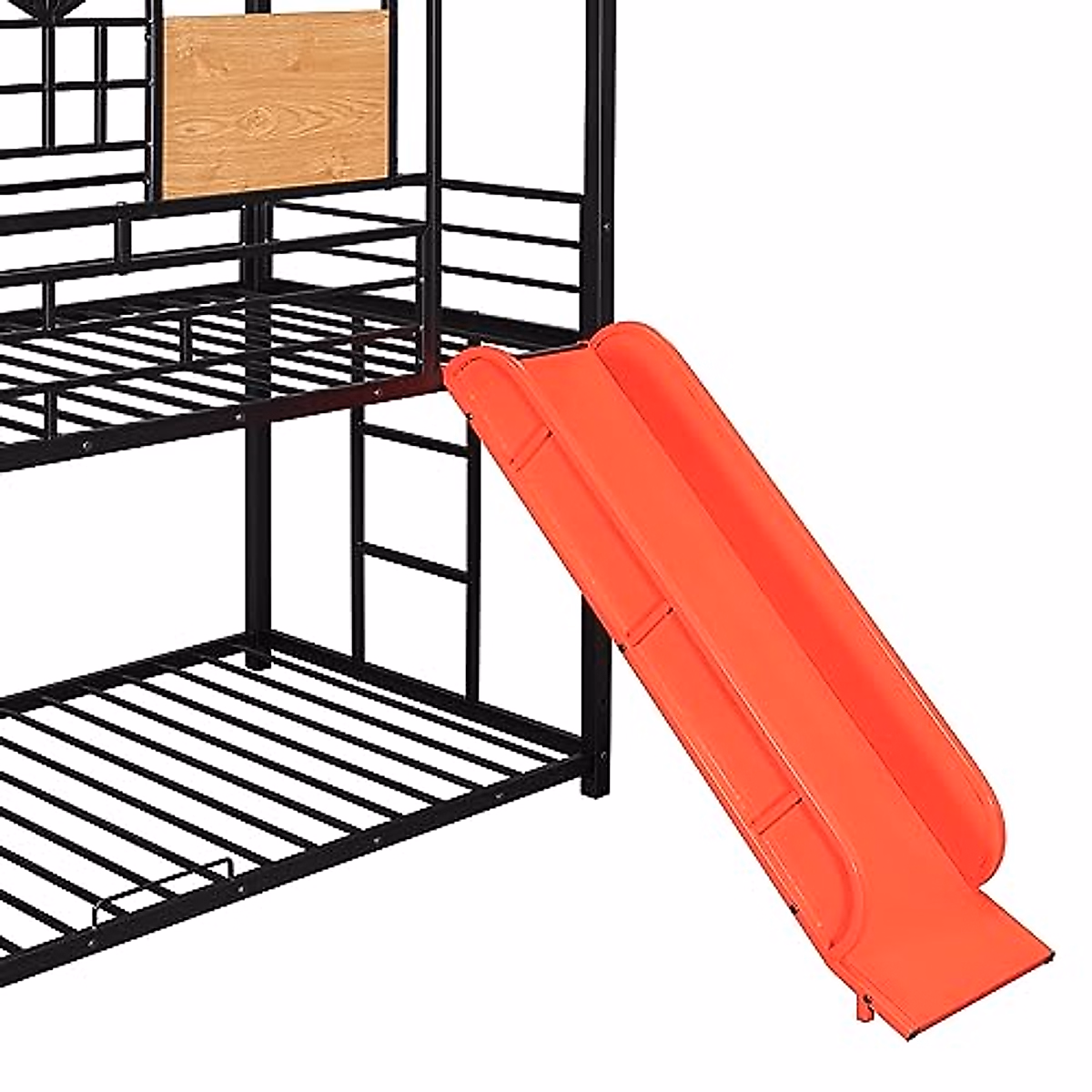 BOVZA House Bunk Bed with Slide and Stairs, Twin Over Twin Metal Bunk Beds Frame with Roof and Storage Staircase for Kids Boys Girls Teens, Black+Red