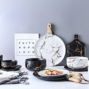 Set of 4 Gold Marble Soup Bowls Ceramic Cereal Bowl Marble Soup Bowl 17 OZ Ceramic Rice Bowl Luxury Gold Inlay Dessert Bowl (Black-4)