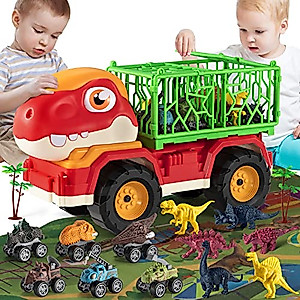 MAGICDINOSAUR Dinosaur Truck Play Set includes 3 Mini Dino Race Cars, 3 Dino Construction Trucks, 6 Realistic Dinosaur Figures, 2 Trees and 1 Play Mat, Gift Toy for Kids 3 4 5 6 7 Year