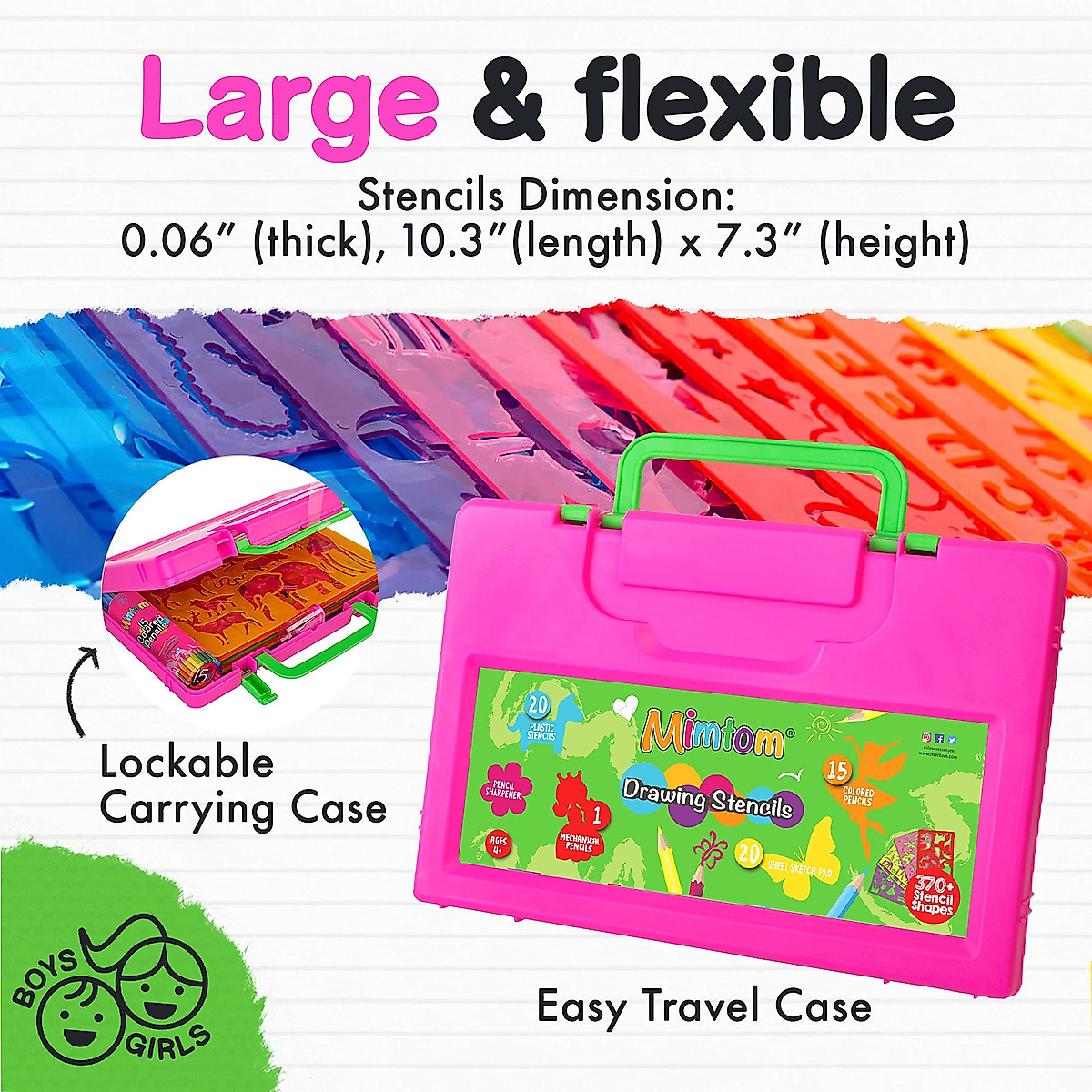Mimtom Drawing Stencil Kit for Kids, 60 PC Art Set with 370+ Shapes, Sketch Pad, and Colored Pencils for DIY Arts and Crafts for Boys and Girls, Draw with Letter, Animal and Car Stencils, Pink