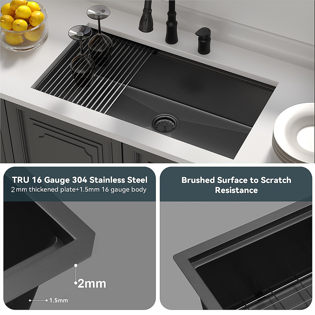 33 Kitchen Sink Black Stainless - Lordear 33 Inch Undermount Sink Ledge Workstation Gunmetal Black Stainless Steel 16 Gauge Single Bowl Under Counter Kitchen Sink Basin with Accessories