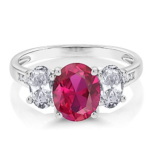 Gem Stone King 10K White Gold Red Created Ruby White Topaz and White Diamond Oval 3-Stone Engagement Ring For Women (2.15 Cttw, Gemstone July Birthstone, Available In Size 5, 6, 7, 8, 9)