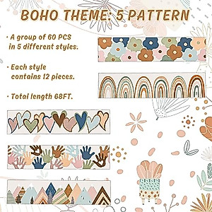 AnyDesign 60Pcs Boho Morandi Bulletin Board Borders with 100Pcs Glue Points 5 Design Heart Rainbow Handprint Die-Cut Trim Borders Classroom Borders for School Classroom Office Chalkboard Decorations