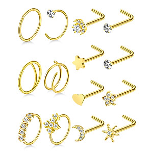 ONESING 14 PCS 20G Nose Rings for Women Nose Piercings Jewelry Gold Nose Rings Hoops Nose Studs Screw for Women Men, Stainless Steel, cubic zirconia