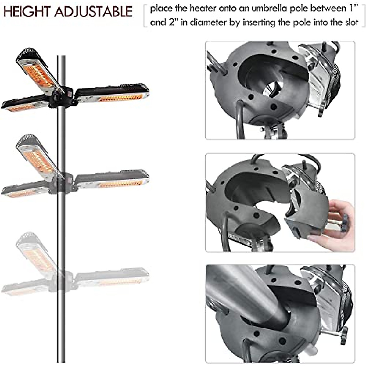 Electric Patio Umbrella Heater, Adjustable Power Electric Parasol Infrared Radiant Heater with 3 Foldable Heating Panels for Pergola or Gazabo