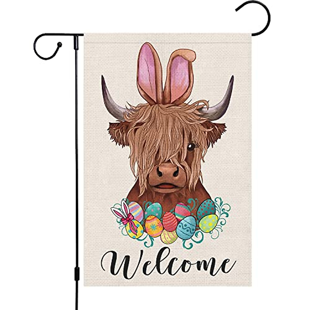 Happy Easter Garden Flag 12x18 Double Sided Burlap, Small Vertical Easter Highland Cow Welcome Garden Yard Flags for Spring Outdoor Outside Decoration (Only Flag)