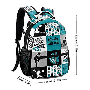 Urcustom Custom Kid Backpack, Teal I Love Cheer Cheerleader Personalized School Bookbag with Your Own Name, Customization Casual Bookbags for Student Girls Boys