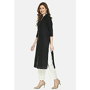 Lagi Women A-Line Solid Front Slit Poly Silk kurta Kurti. (Black, S)